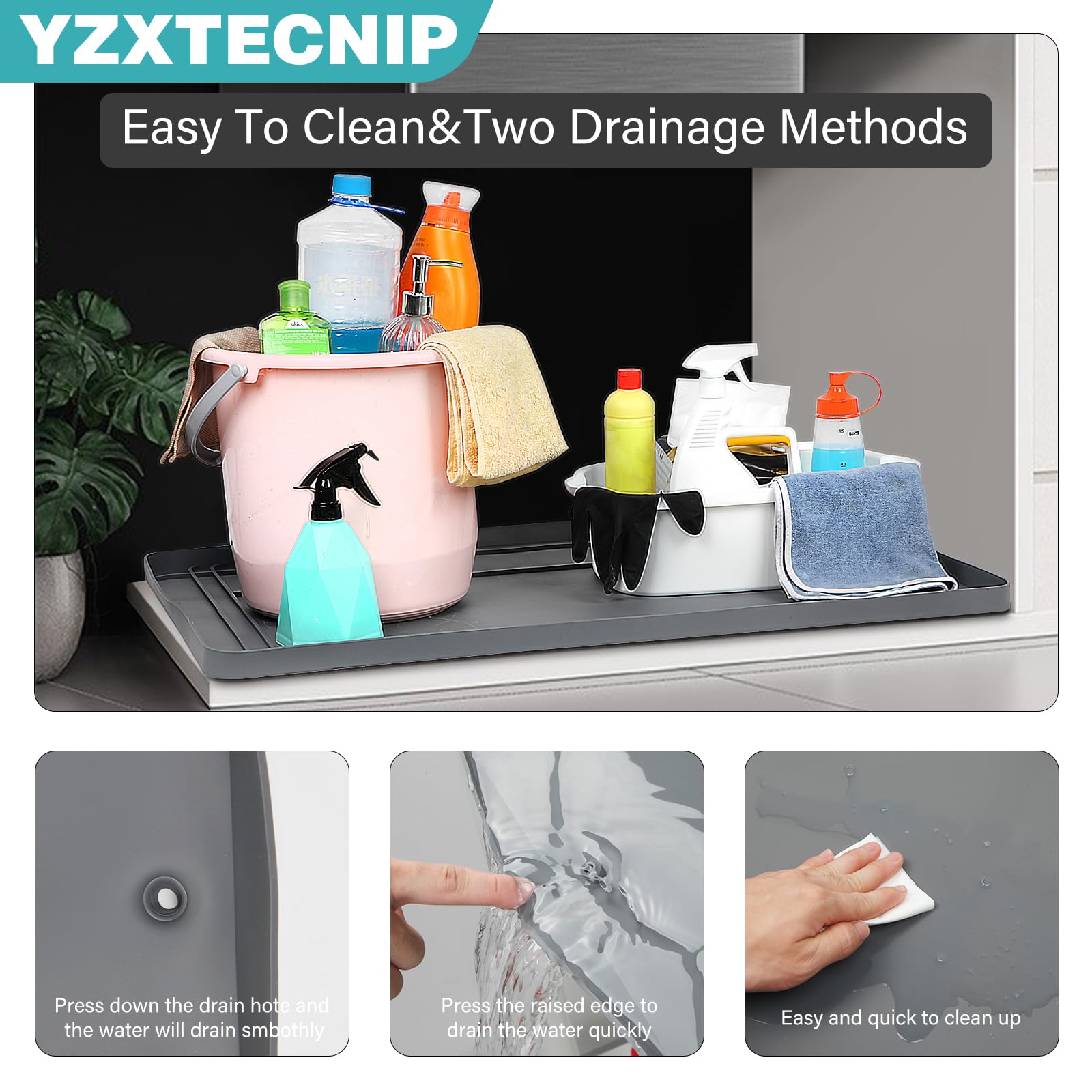Under Sink Mat for Kitchen Waterproof, 34”x22”Or Smaller Cut to Fit Flexible Silicone Under Sink Liner with Drain Hole,Kitchen Bathroom Cabinet Organizer and Protector for Drips Leaks Spills