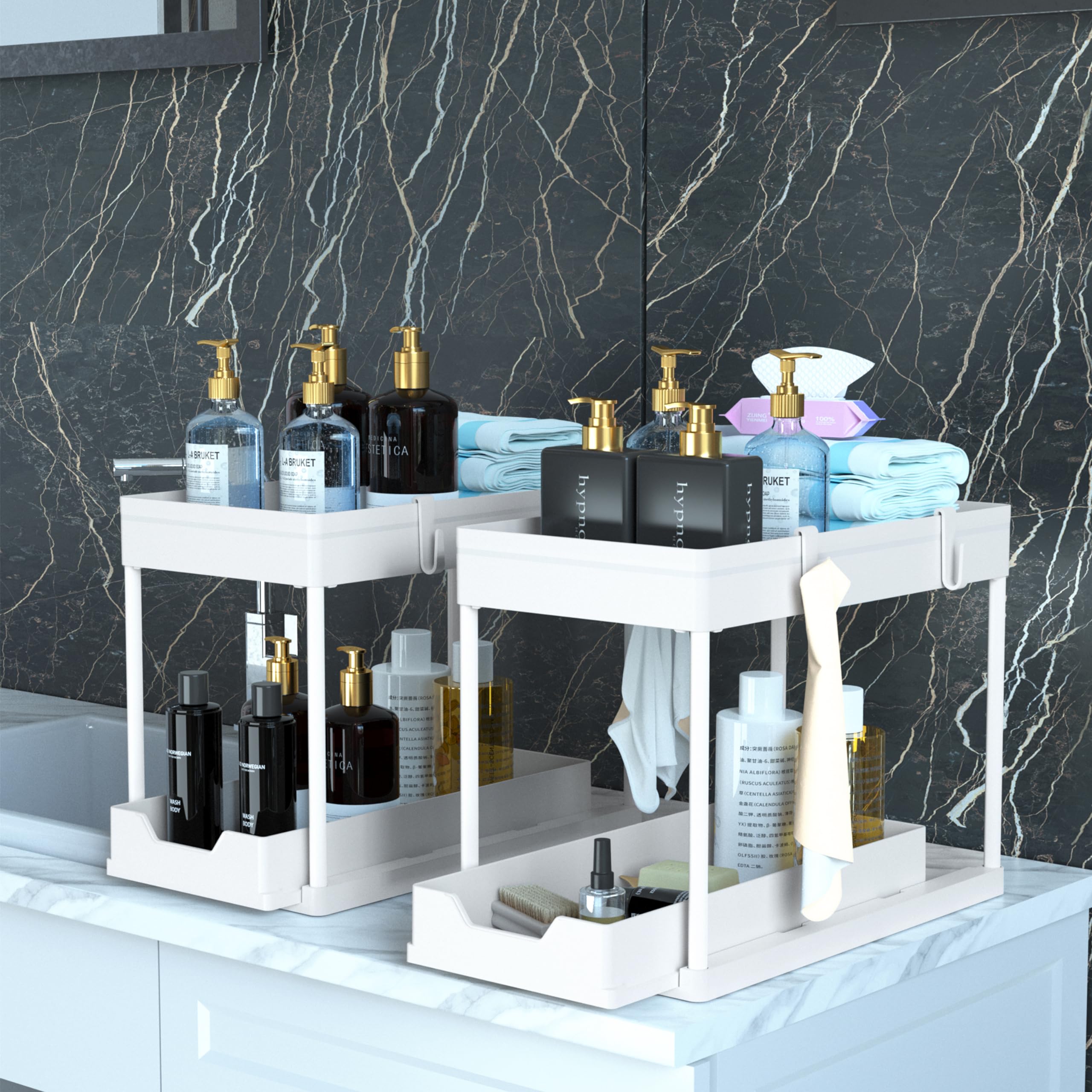 MEAFBIRD 2 Pack Under Sink Organizer, 2 Tier Bathroom Cabinet Organizer with Sliding Basket, Multi-Purpose Under Sink Organizers and Storage for Bathroom Kitchen