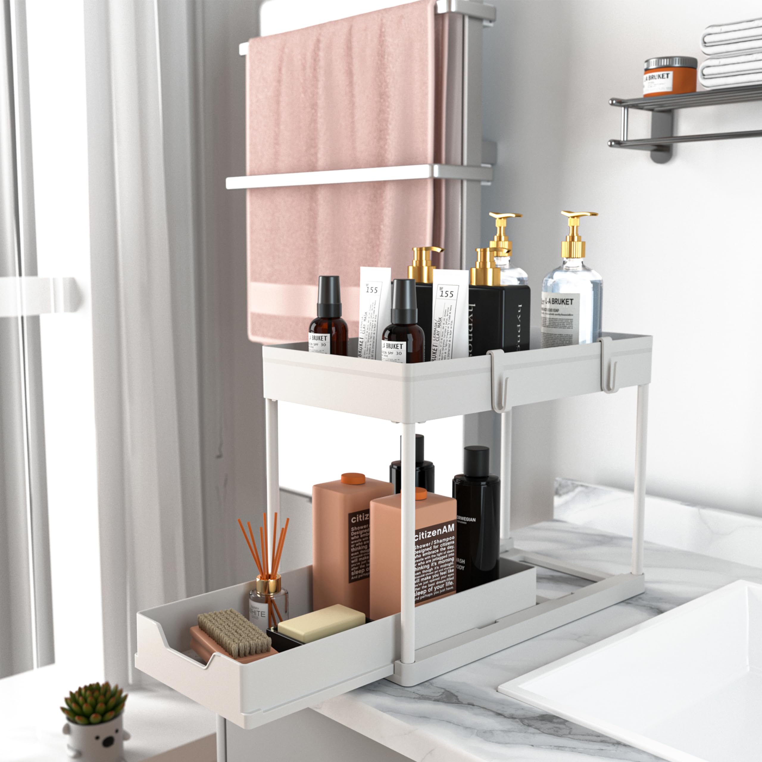 MEAFBIRD 2 Pack Under Sink Organizer, 2 Tier Bathroom Cabinet Organizer with Sliding Basket, Multi-Purpose Under Sink Organizers and Storage for Bathroom Kitchen