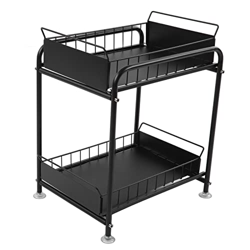 Oumefar Under Sink Organizer , Anti Rust Pull Out Mesh Basket Stable 2 Tier Stackable Multi Use with Sliding Drawer for Kitchen
