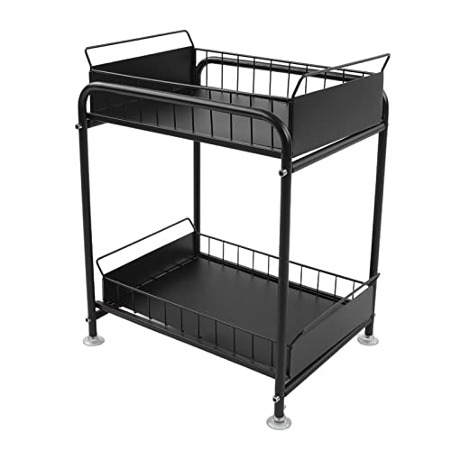 Oumefar Under Sink Organizer , Anti Rust Pull Out Mesh Basket Stable 2 Tier Stackable Multi Use with Sliding Drawer for Kitchen
