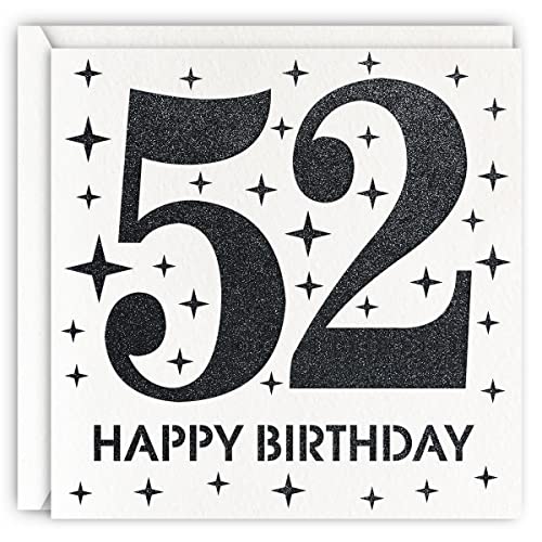 Black 52nd Birthday Card, Laser Cut Glitter Woman Man Age 52 Gift For Husband, Brother, Father