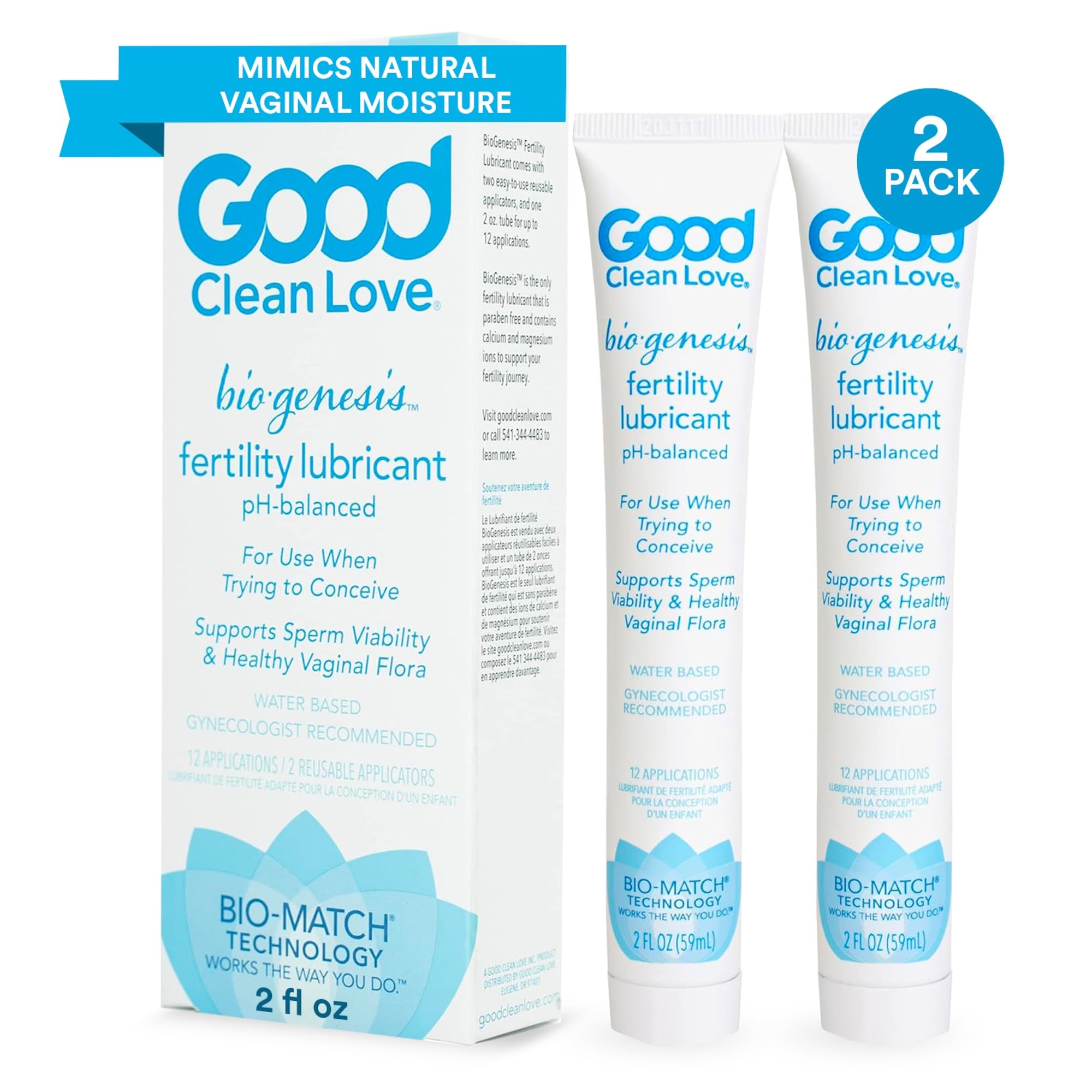 Good Clean Love Biogenesis Fertility-Friendly Lubricant, Water-Based Lube for Women & Couples Trying to Conceive, with Magnesium and Calcium Ions, Personal Lubricant, Safe for Toys, 2 Oz (2-Pack)