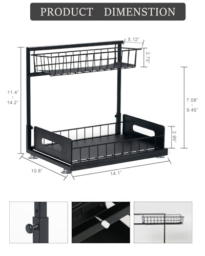 Fengligoo 2 Tier Under Sink Organizer, Black Pull Out Cabinet Organizer, Multipurpose Under Kitchen Bathroom Sink Organizer and Storage, Sliding Cabinet Organzier