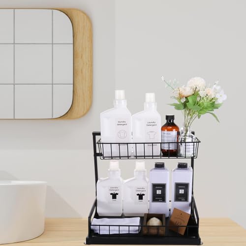 Fengligoo 2 Tier Under Sink Organizer, Black Pull Out Cabinet Organizer, Multipurpose Under Kitchen Bathroom Sink Organizer and Storage, Sliding Cabinet Organzier