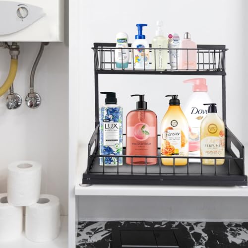 Fengligoo 2 Tier Under Sink Organizer, Black Pull Out Cabinet Organizer, Multipurpose Under Kitchen Bathroom Sink Organizer and Storage, Sliding Cabinet Organzier
