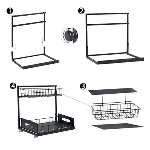 Fengligoo 2 Tier Under Sink Organizer, Black Pull Out Cabinet Organizer, Multipurpose Under Kitchen Bathroom Sink Organizer and Storage, Sliding Cabinet Organzier
