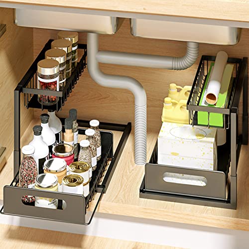 Miskall Under Sink Organizer L Shape 2 Tier Slide Out Sink Shelf for Under Kitchen Bathroom Sink Organizers and Storage Cabinet Organizer Black