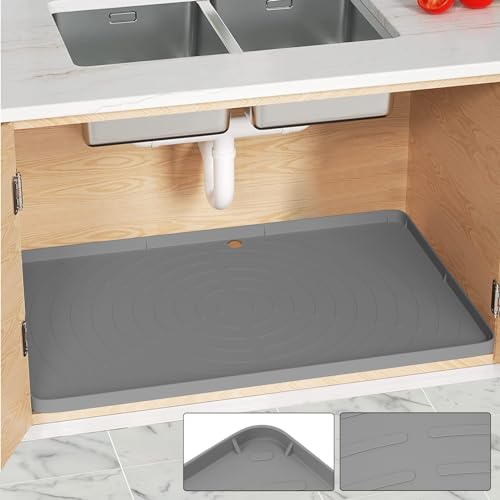 TOOVEM Waterproof Under Sink Mat, 34" x 22" Silicone Waterproof Mat for Kitchen Bathroom Cabinets, Under Vanity Sink Mat, Silicone Mats,Tray and Protector for Drips, Leaks, Spills,(Grey)