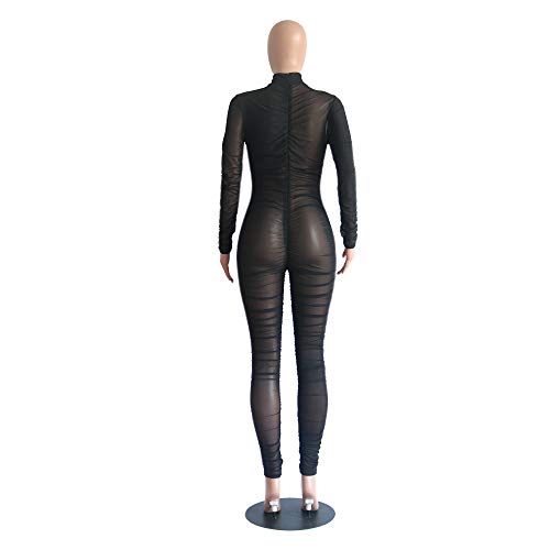 Uni Clau Women One Piece Outfits Mesh Sheer Bodycon Jumpsuit Long Sleeve See Through Party Catsuit Jumpsuits Black S