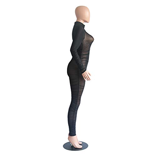 Uni Clau Women One Piece Outfits Mesh Sheer Bodycon Jumpsuit Long Sleeve See Through Party Catsuit Jumpsuits Black S