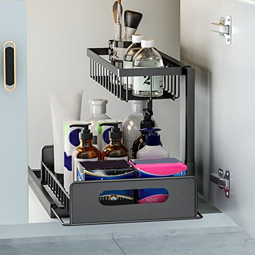 Miskall Under Sink Organizer L Shape 2 Tier Slide Out Sink Shelf for Under Kitchen Bathroom Sink Organizers and Storage Cabinet Organizer Black
