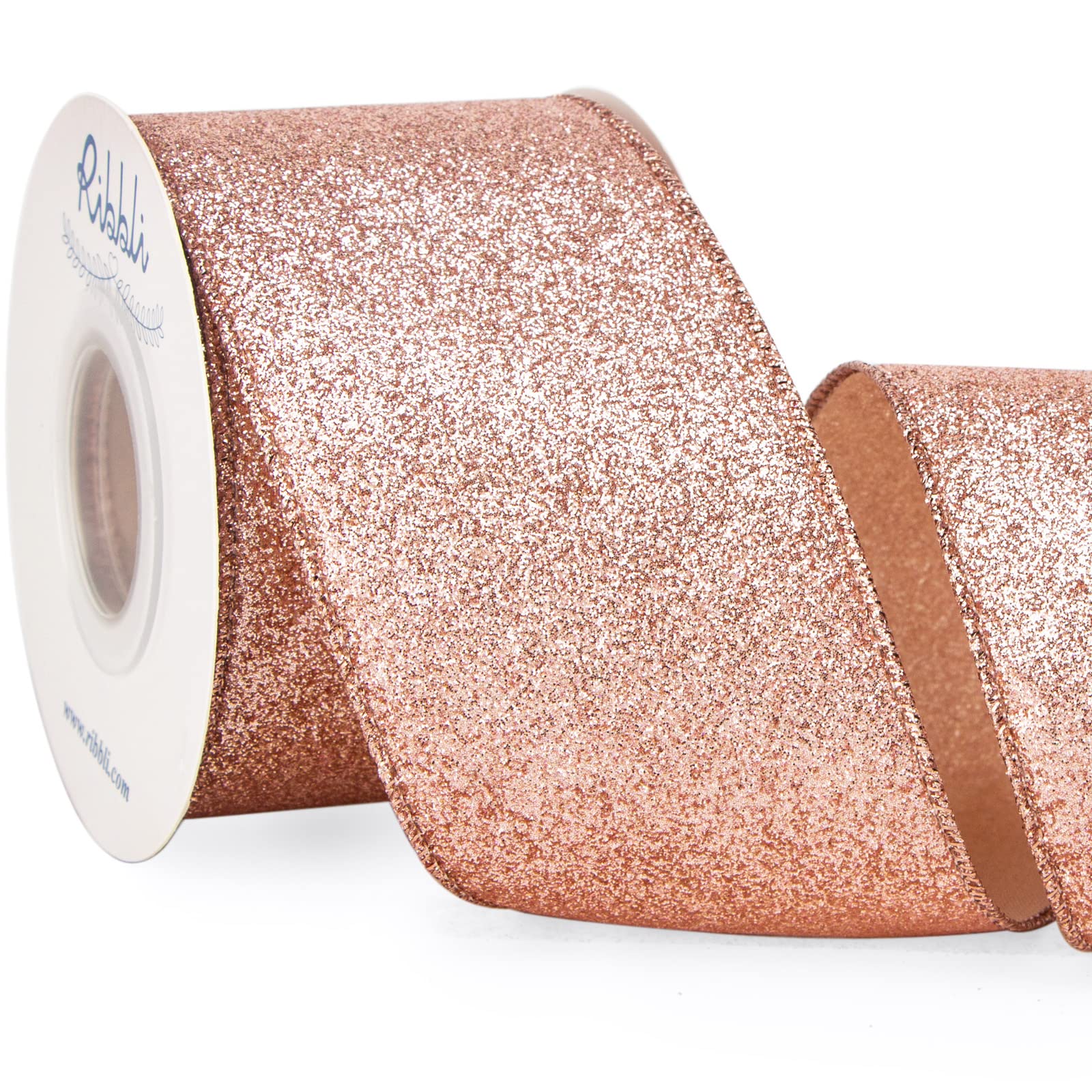 Ribbli Rose Gold Glitter Wired Ribbon,Rose Gold Ribbon with Metallic Edge,Christmas Ribbon for Wreath, ChritmasTree Decoration, Gift Wrapping,Home Decor, 2-1/2 Inch x 10 Yards