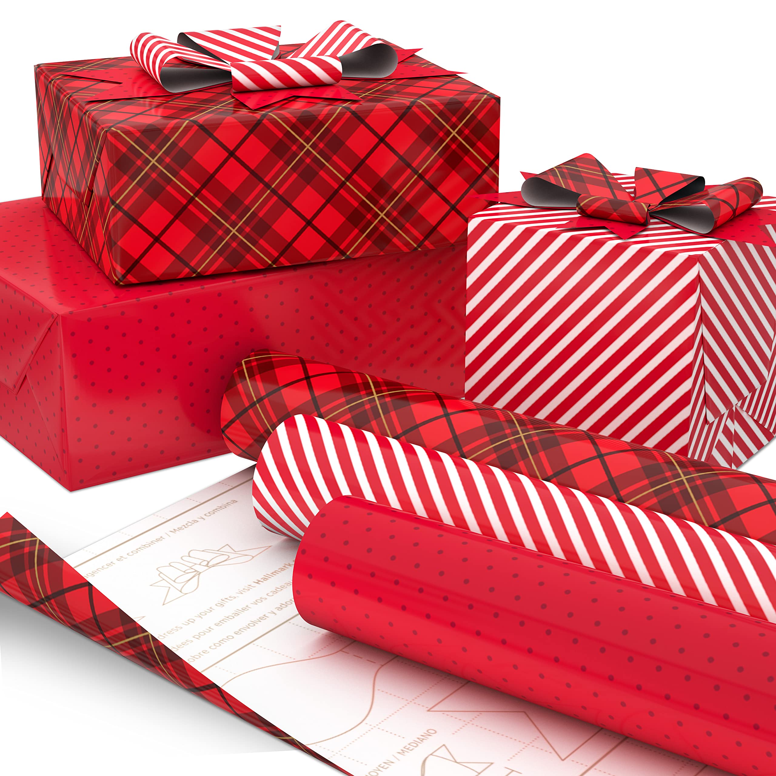 Hallmark Holiday Wrapping Paper with DIY Bow Templates on Reverse (3 Rolls: 120 sq. ft. ttl) Red Plaid, Stripes, Polka Dots for Christmas, Valentines Day, Birthdays, Graduations