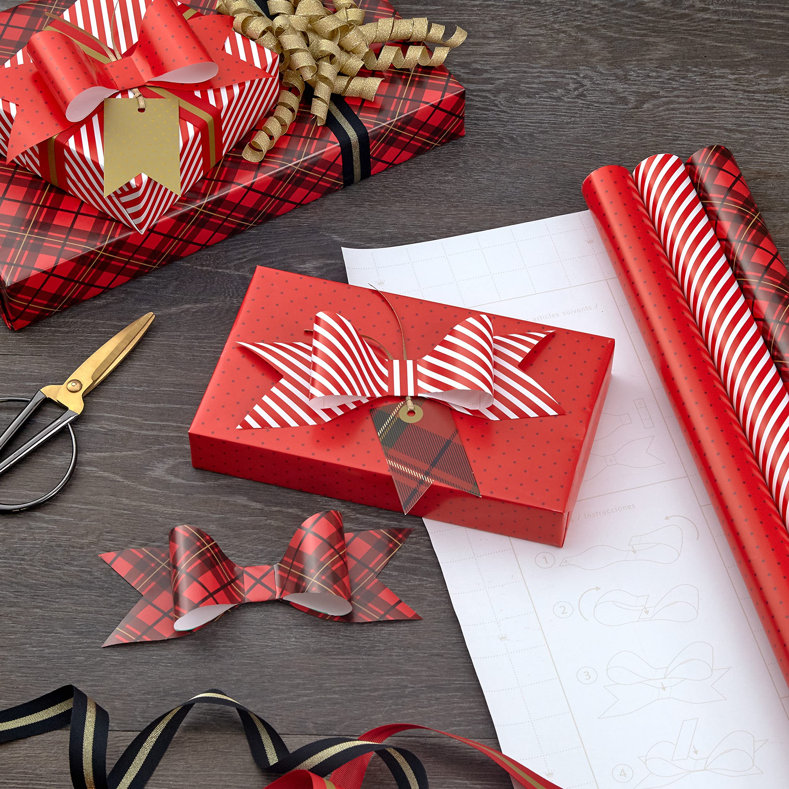 Hallmark Holiday Wrapping Paper with DIY Bow Templates on Reverse (3 Rolls: 120 sq. ft. ttl) Red Plaid, Stripes, Polka Dots for Christmas, Valentines Day, Birthdays, Graduations
