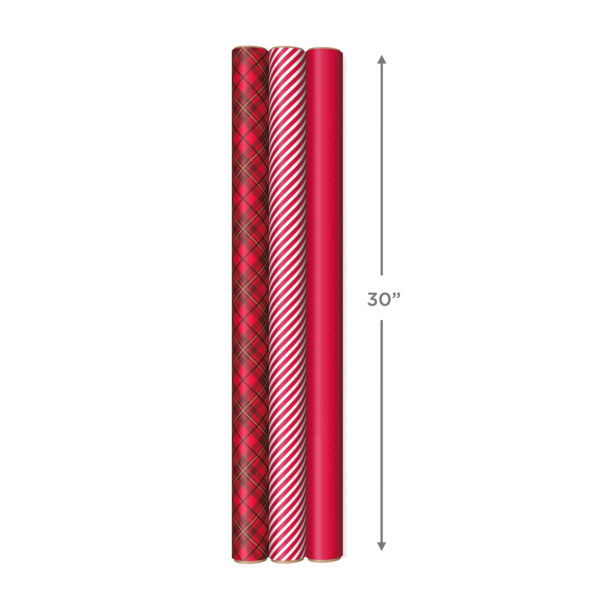 Hallmark Holiday Wrapping Paper with DIY Bow Templates on Reverse (3 Rolls: 120 sq. ft. ttl) Red Plaid, Stripes, Polka Dots for Christmas, Valentines Day, Birthdays, Graduations