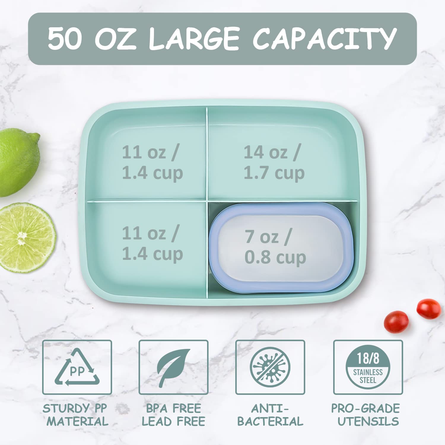 Sunhanny Bento Box Adult Lunch Box, Bento Lunch Box Containers, 50-oz Bento Box for Kids with Compartments, Sauce Container, Chopsticks and Spork, Green