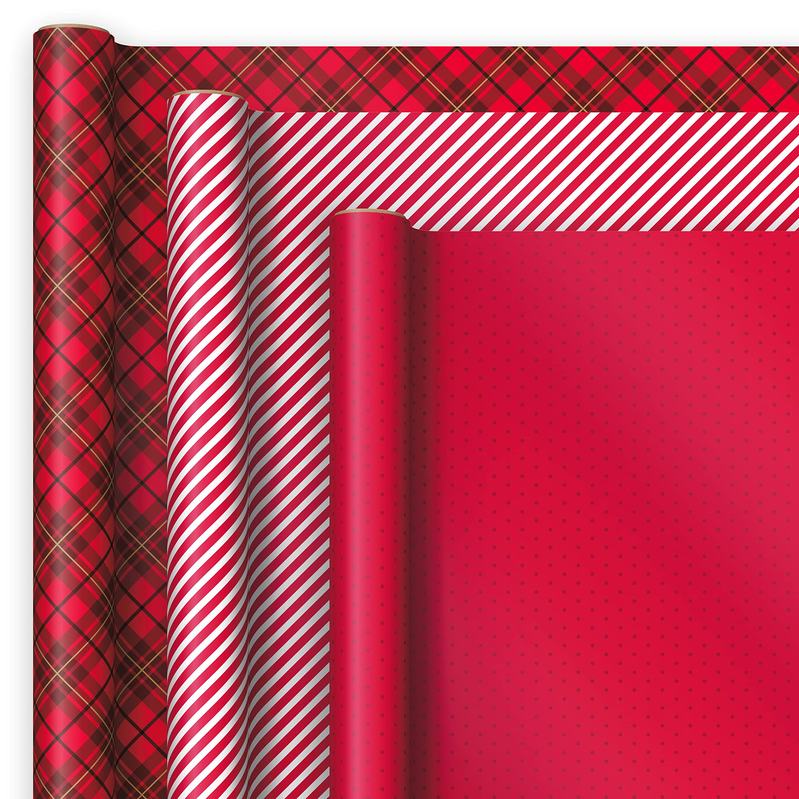 Hallmark Holiday Wrapping Paper with DIY Bow Templates on Reverse (3 Rolls: 120 sq. ft. ttl) Red Plaid, Stripes, Polka Dots for Christmas, Valentines Day, Birthdays, Graduations
