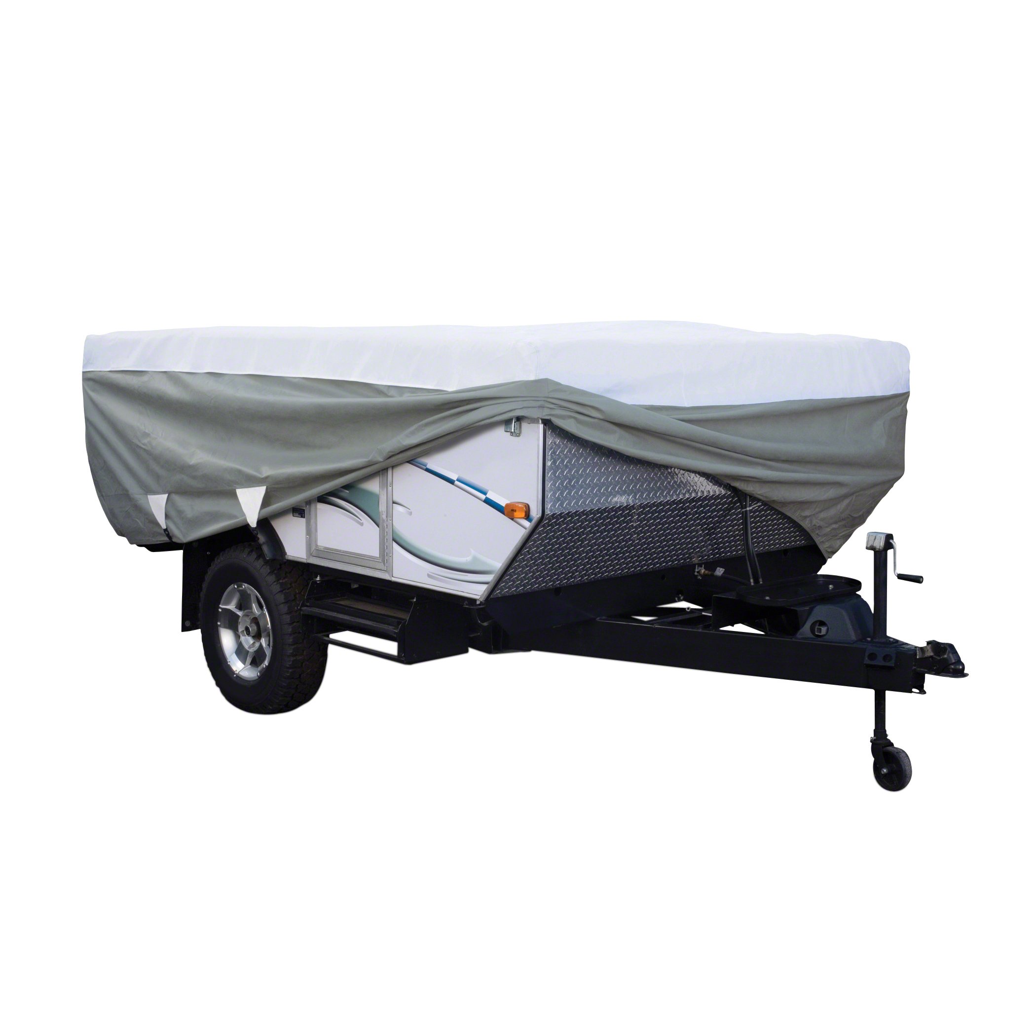 Classic Accessories Over Drive PolyPRO3 Folding Camping Trailer Cover, Fits 10'-12'L, Camper RV Cover, Customizable Fit, Water-Resistant, All Season Protection for Motorhome, Grey/Snow White