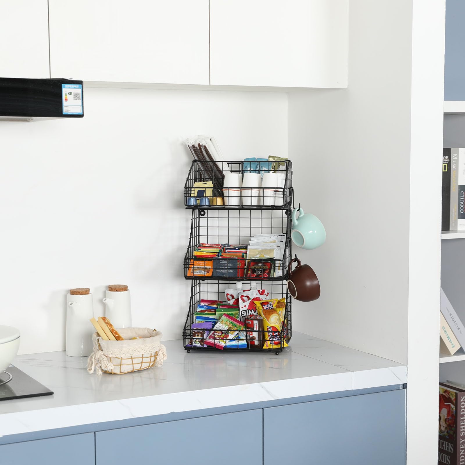 Stackable Tea Bag Organizer with Removable Divider and Hooks Wall Mount 3 Tier Metal Wire Storage Basket Countertop Coffee Condiment Snack Holder Rack for Home Office Kitchen Cabinet Pantry Black