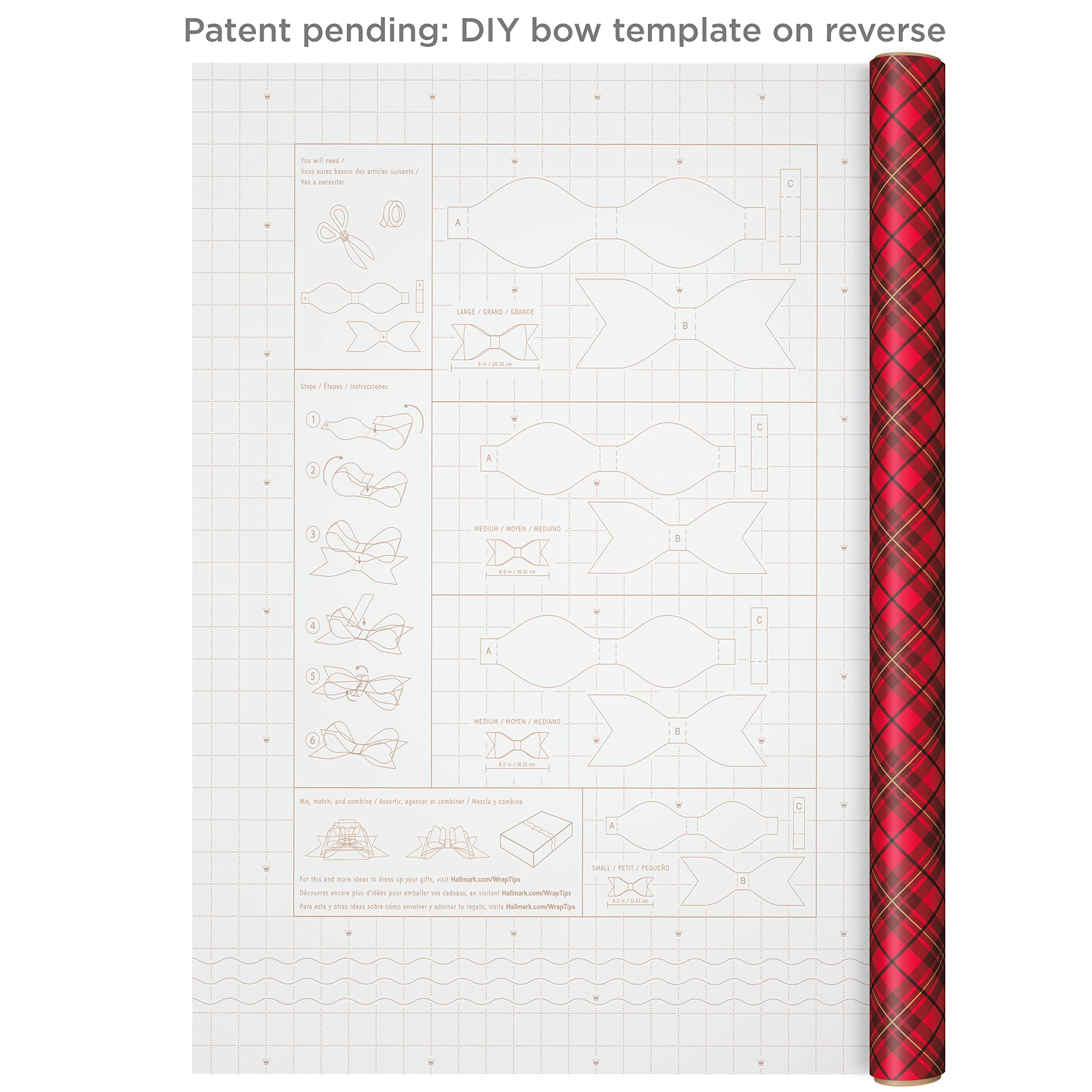 Hallmark Holiday Wrapping Paper with DIY Bow Templates on Reverse (3 Rolls: 120 sq. ft. ttl) Red Plaid, Stripes, Polka Dots for Christmas, Valentines Day, Birthdays, Graduations