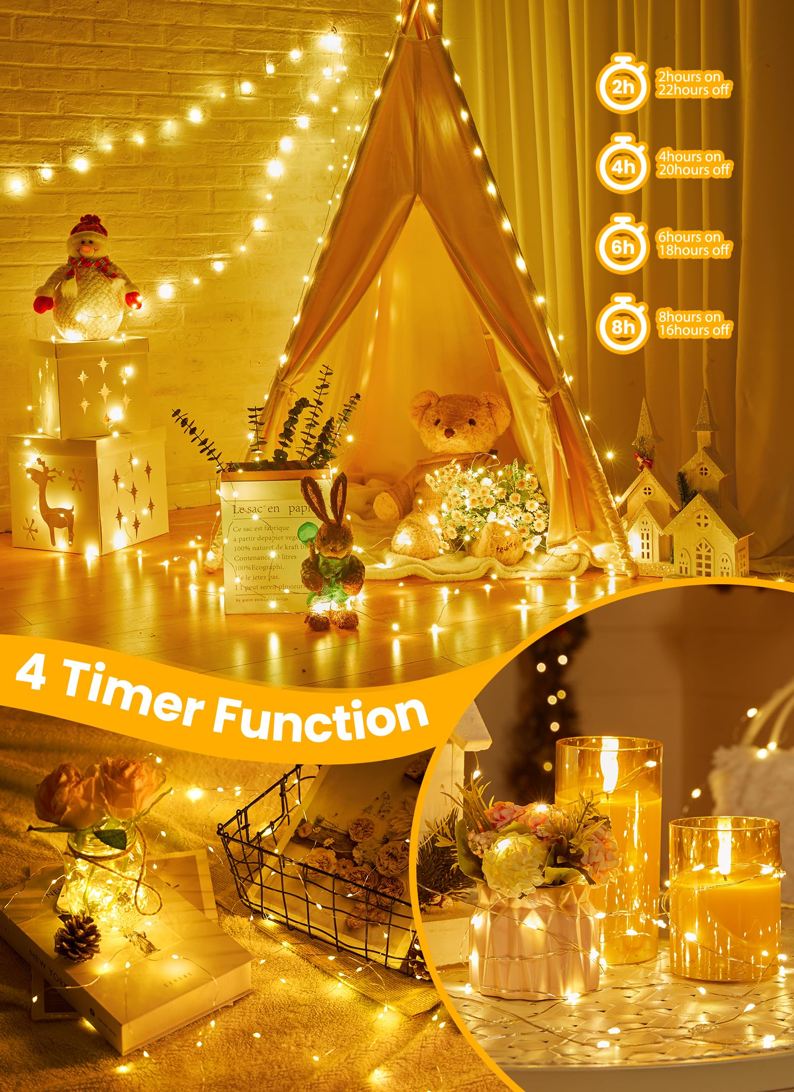 Minetom USB Fairy String Lights with Remote and Power Adapter, 66 Feet 200 Led Firefly Lights for Bedroom Wall Ceiling Christmas Tree Wreath Craft Wedding Party Decoration, Warm White