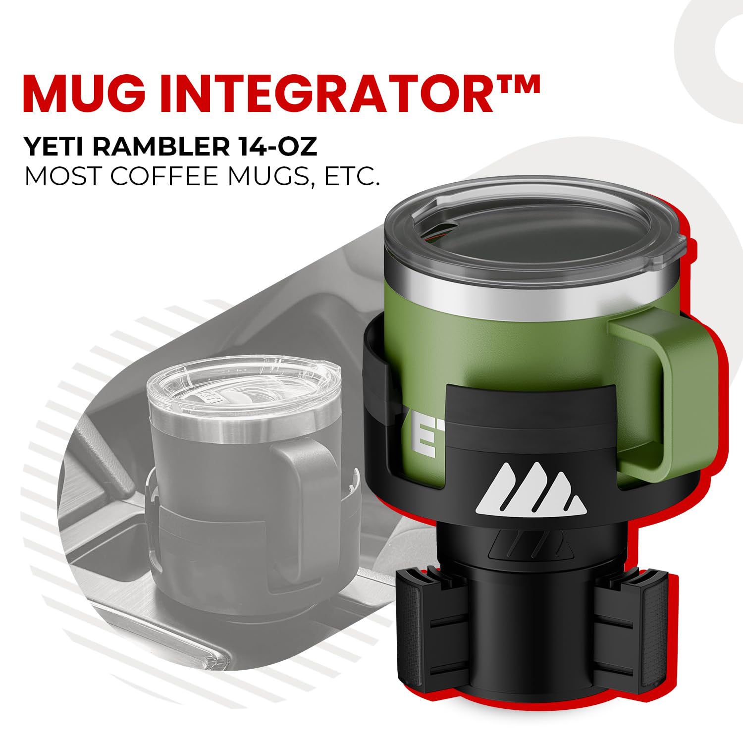 Integral Mug Integrator Expandable Mug Holder - YETI 14oz Rambler Cup Holder - Coffee Mug Car Cup Holder Expander with Adjustable Base - Rubber Tabs Hold Most Coffee Mugs Ramblers 10oz