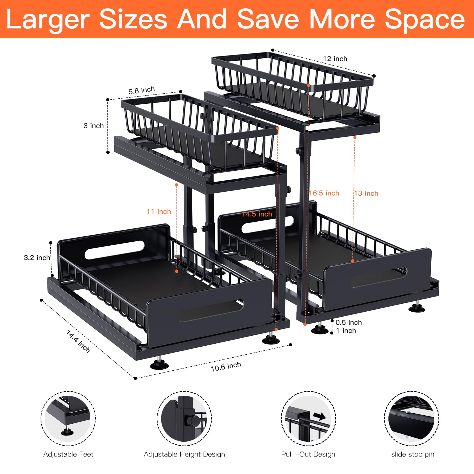 Truoctdu Under Sink Organizer and Storage, Pull Out Cabinet Organizer 2 Tier Pull Out Sliding Cabinet Organizer Height Adjustable Storage Shelves, Under Sink Storage for Kitchen Bathroom Pantry 2 pack