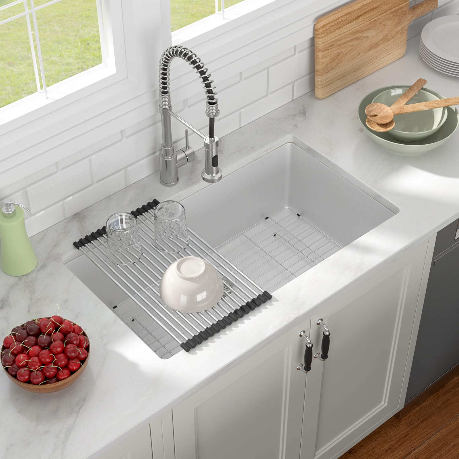 Lofeyo 33 Inch White Granite Composite Quartz Undermount Single Bowl Kitchen Sink Under Counter Contemporary Kitchen Deep Sink Basin 33"x19"