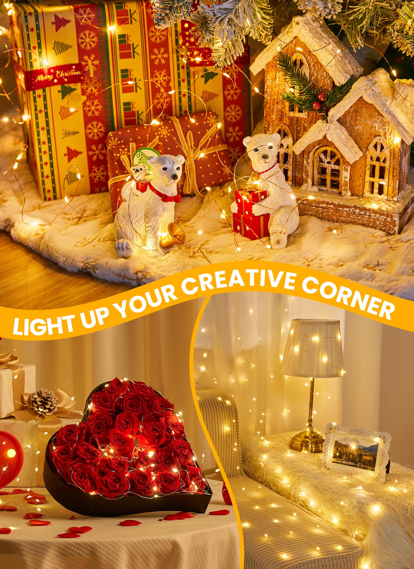 Minetom USB Fairy String Lights with Remote and Power Adapter, 66 Feet 200 Led Firefly Lights for Bedroom Wall Ceiling Christmas Tree Wreath Craft Wedding Party Decoration, Warm White