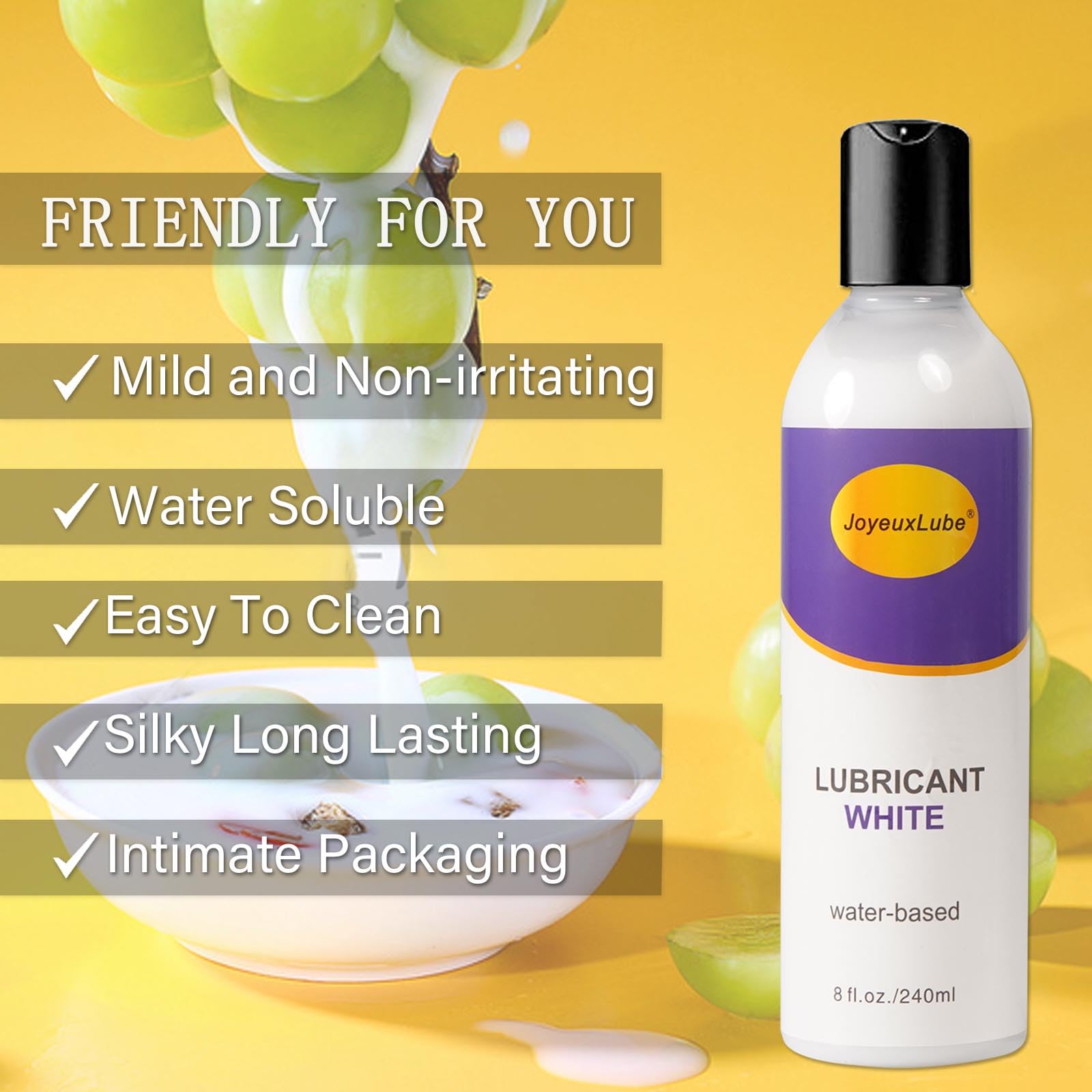 JoyeuxLube Water-Based White Lube 8 fl. oz/240ml Creamy Unscent Natural Gel Glide Lubricant Long Lasting Smooth Slippery for Men Women Couples with Discreet Package