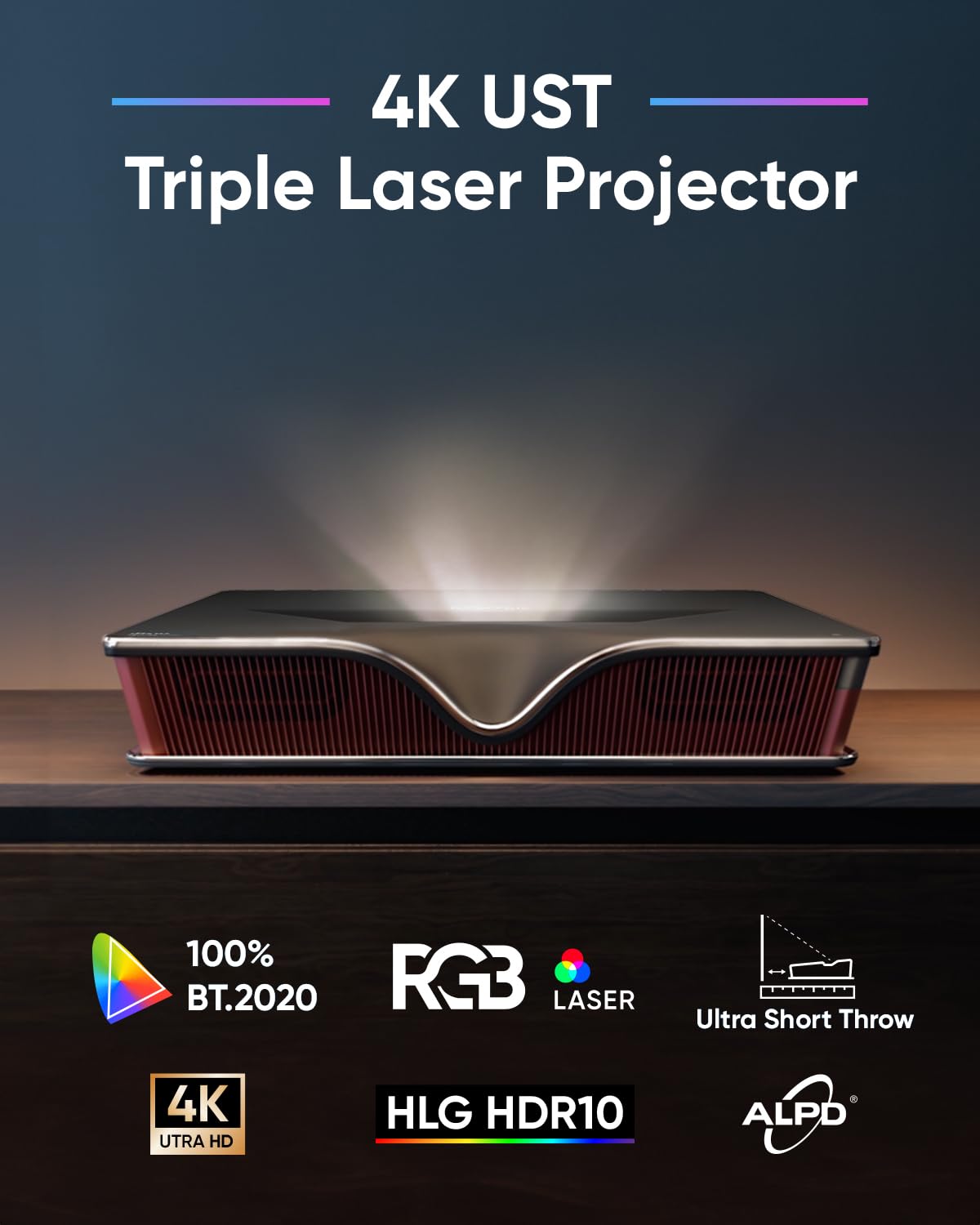 NOMVDIC P2000 Ultra Short Throw 4K Triple Laser Projector, 2500 ANSI Lumen, 50W Speaker, Dolby & DTS Support, 3D, HDR10, UST Projector Laser TV for Home Cinema (Fire TV Stick 4K Max Included)
