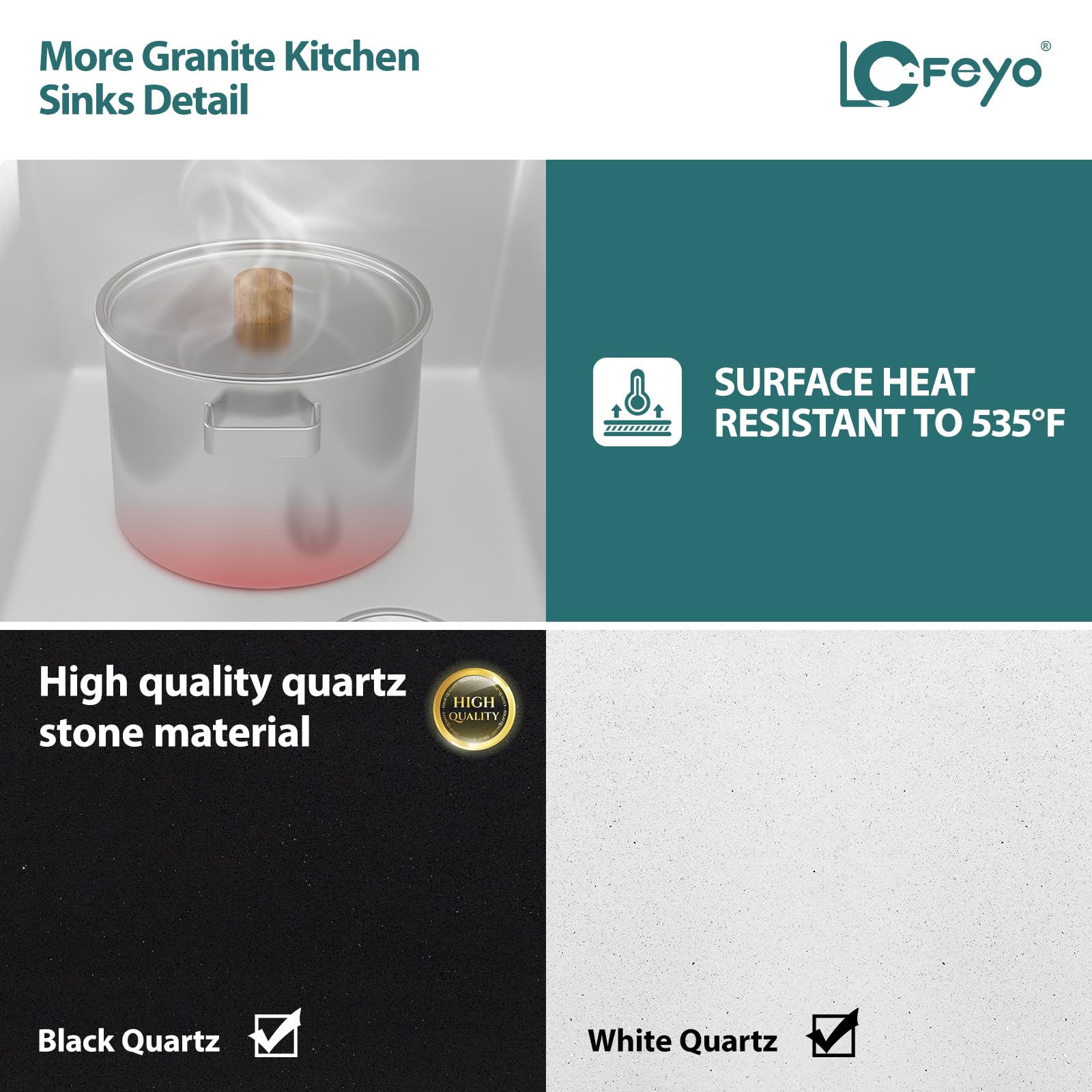 Lofeyo 33 Inch White Granite Composite Quartz Undermount Single Bowl Kitchen Sink Under Counter Contemporary Kitchen Deep Sink Basin 33"x19"