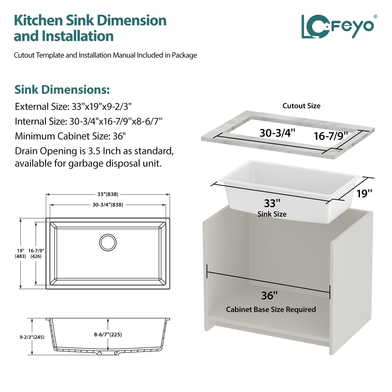 Lofeyo 33 Inch White Granite Composite Quartz Undermount Single Bowl Kitchen Sink Under Counter Contemporary Kitchen Deep Sink Basin 33"x19"