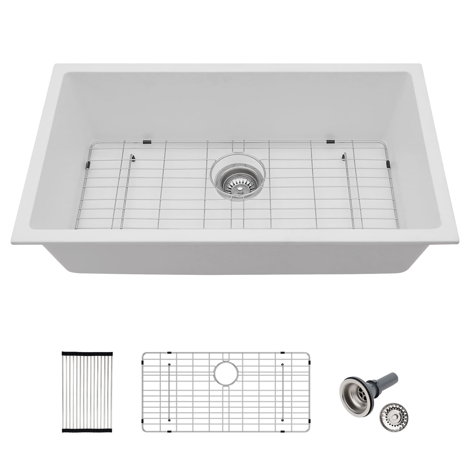 Lofeyo 33 Inch White Granite Composite Quartz Undermount Single Bowl Kitchen Sink Under Counter Contemporary Kitchen Deep Sink Basin 33"x19"