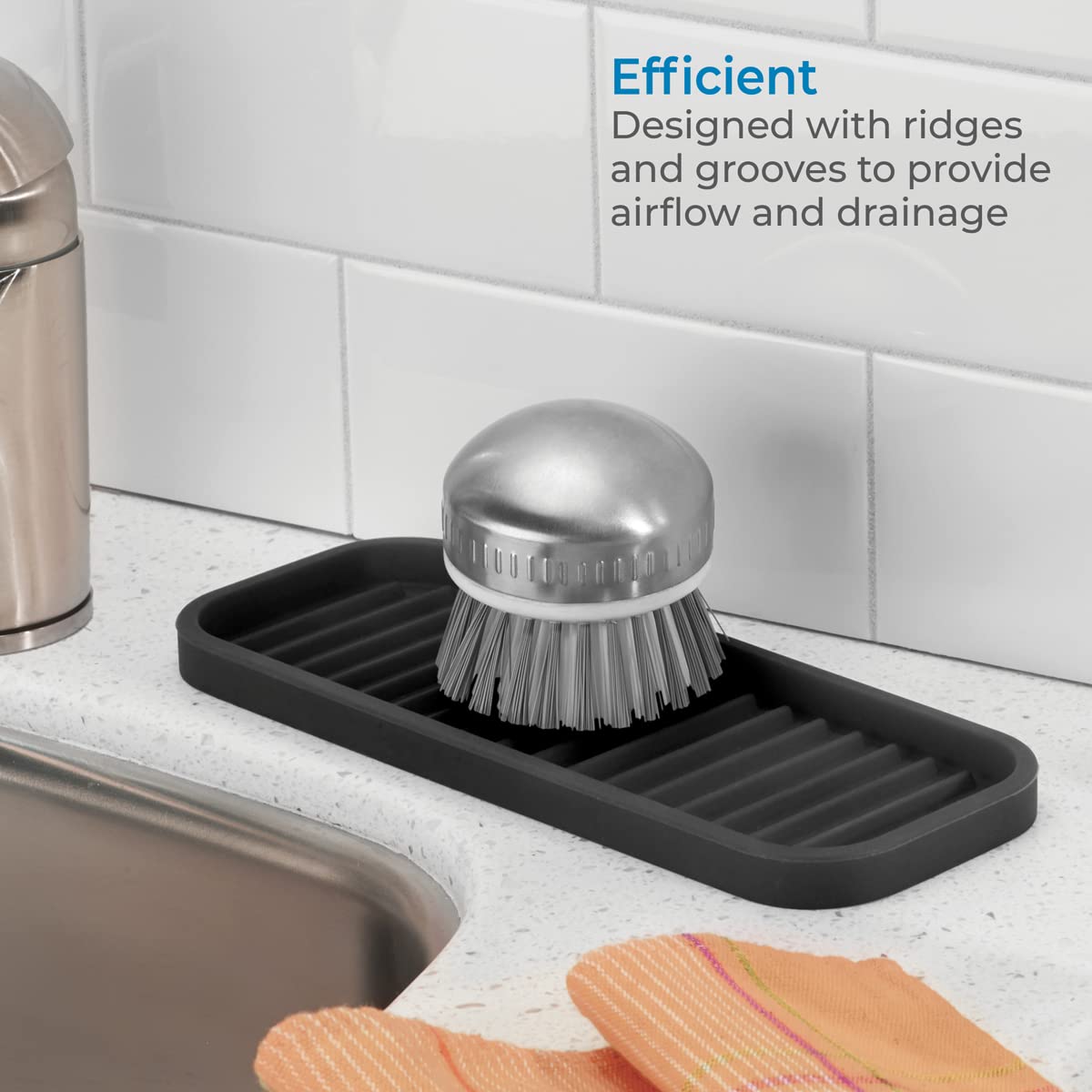 iDesign Lineo BPA-Free Flexible Silicone Sponge and Soap Tray, 9" x 3.5" x 0.5", Black