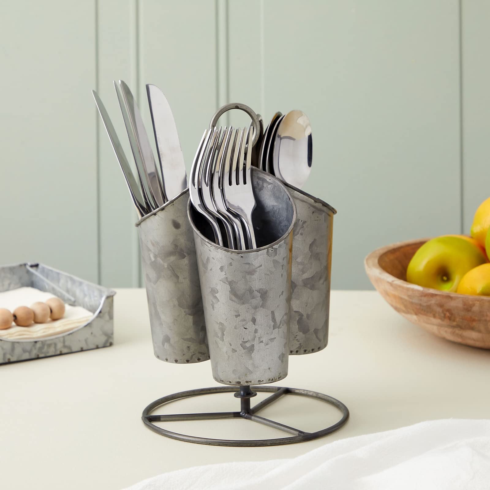 Rotating Kitchen Utensil Holder for Countertop with 3 Compartments, Galvanized Flatware Caddy (6 x 10 In)
