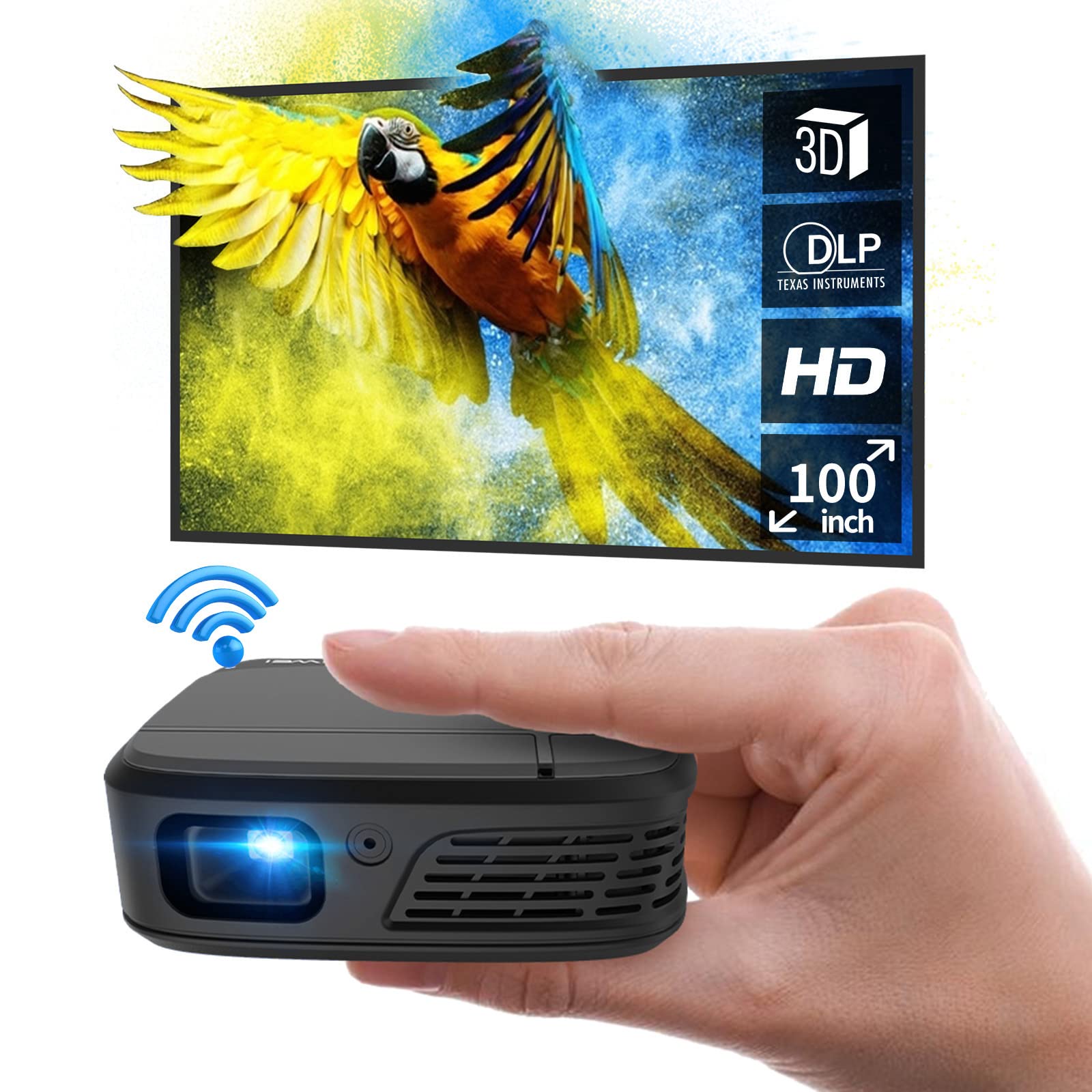 Pocket DLP Mini Projector 3D WiFi Full HD 1080P Supported Outdoor Movie Cinema Wireless Airplay Home Theater with Battery Powered for iPhone Android TV Stick DVD Player Laptop Tablet PS5 HDMI USB