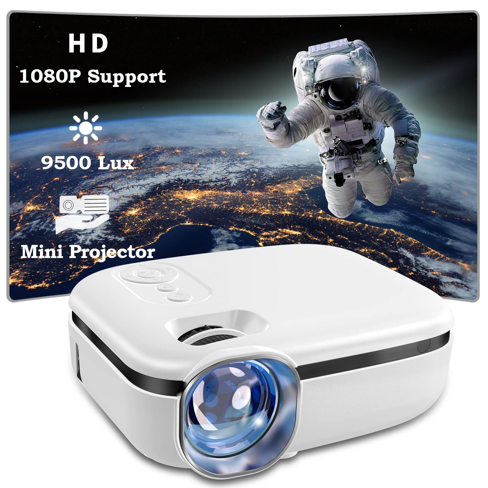 Mini Outdoor Projector 9500 Lumens, FunFlix 2023 Portable Movie Projector, 1080P Support, Home Theater Projector Compatible with HDMI, AV, USB, Laptop, Smartphone, TV Stick, Game