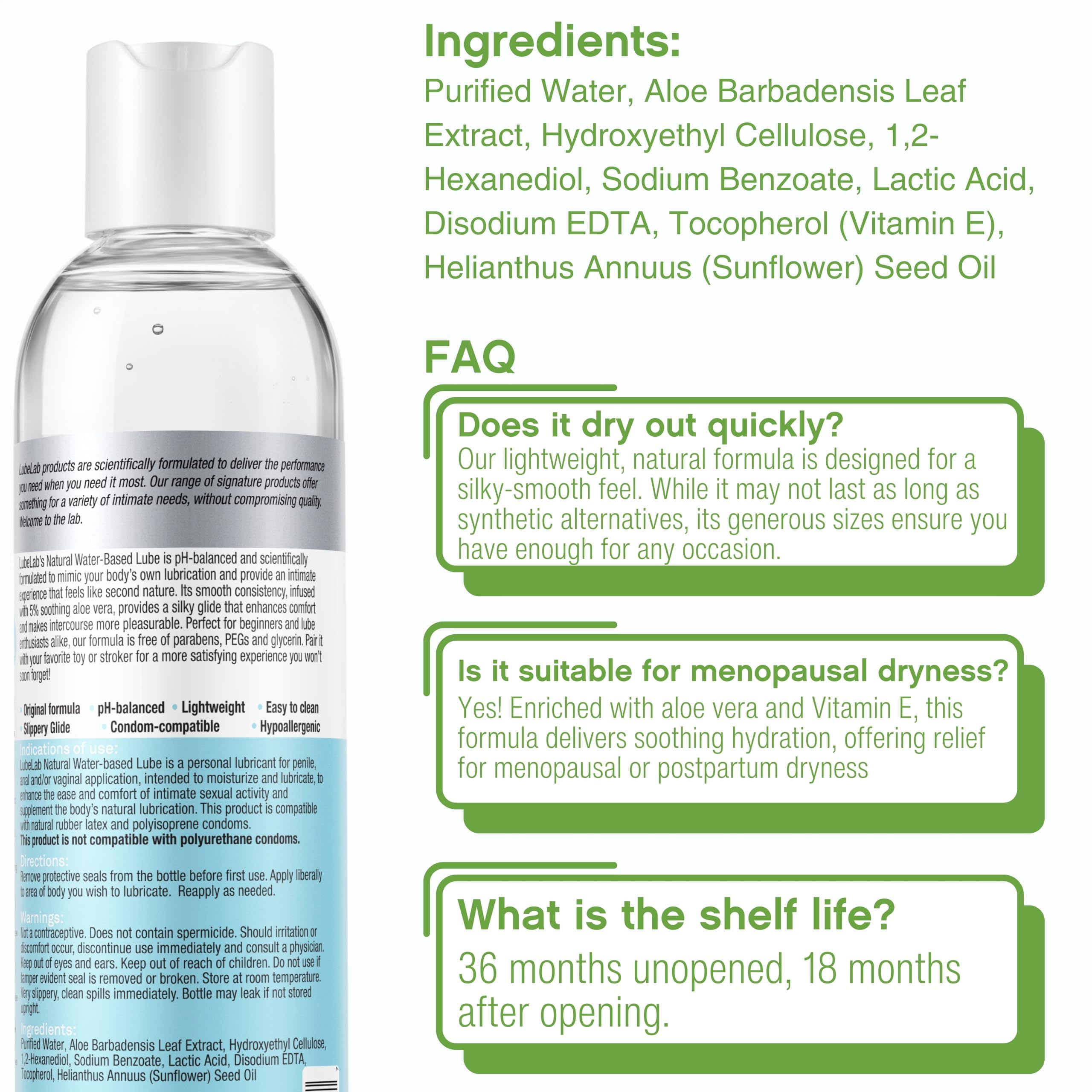Lubelab Waterbased Lube 8.3 Fl Oz. Personal Lubricant w/Aloe & Vitamin E, Hypoallergenic, Free of Paraben&Glycerin&PEGs, PH-Balanced, Natural Smooth Slippery Glide Gel for Couples, Men, Women