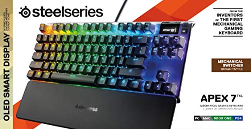 SteelSeries Apex 7 TKL Compact Mechanical Gaming Keyboard – OLED Smart Display – USB Passthrough and Media Controls – Tactile and Quiet – RGB Backlit (Brown Switch)