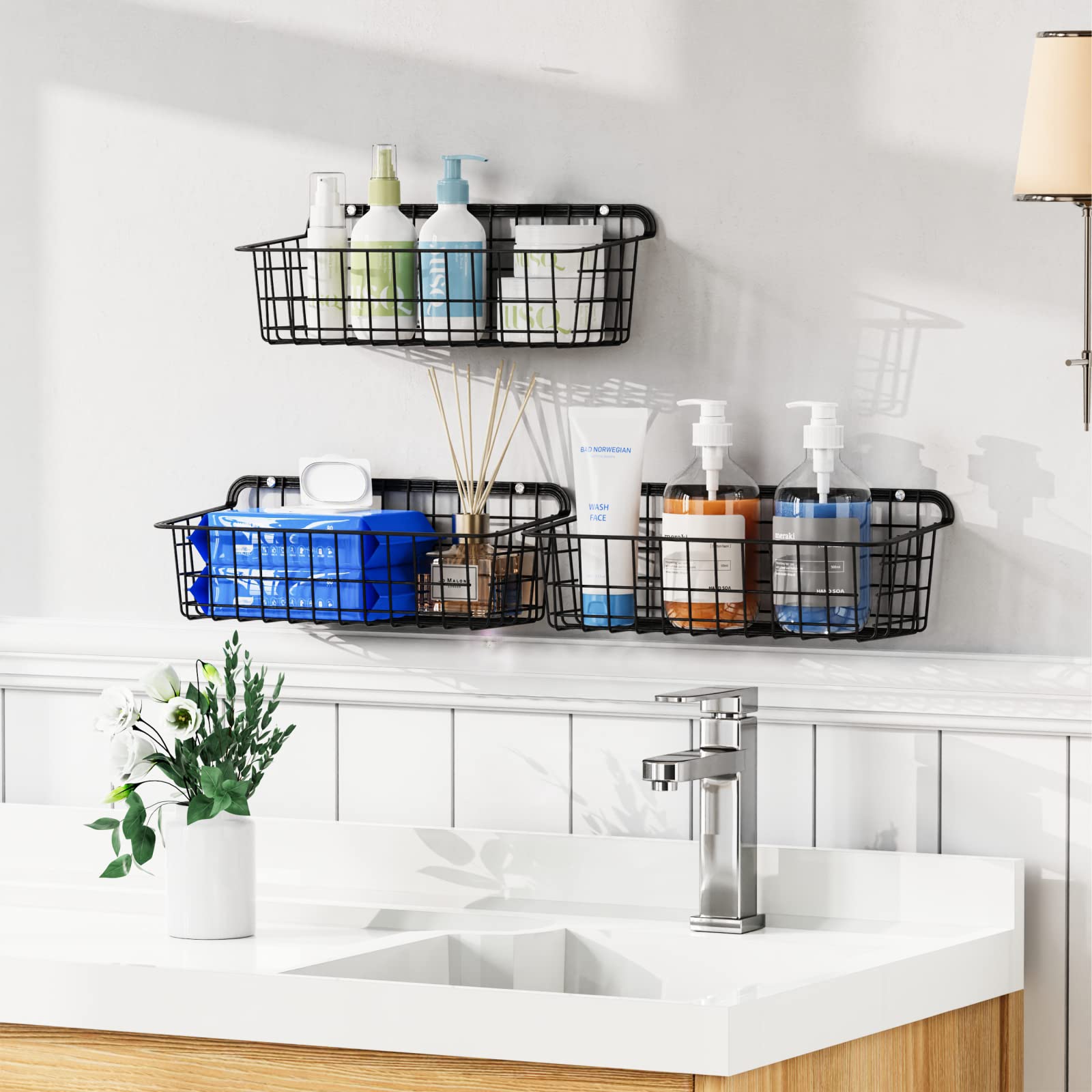 Wall Basket, Packism 4 Pack Hanging Wire Baskets for Organizing Small Versatile Bathroom Organizer Hanging Wall Basket for Bathroom Kitchen Bedroom Garage Add Extra Storage, Easy to Install, Black