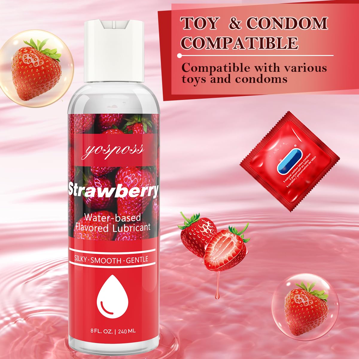 YOSPOSS Strawberry Flavored Water-Based Lubricant 8 Fl Oz, Silky Smooth Personal Lube for Women, Men and Couples, Sugar-Free, Non-Staining