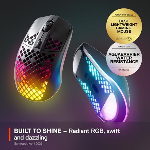SteelSeries Aerox 3 Wireless - Holey RGB Gaming Mouse - Ultra-lightweight Water Resistant Design - 18K DPI TrueMove Air Optical Sensor- Onyx