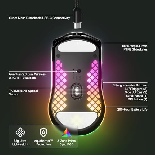 SteelSeries Aerox 3 Wireless - Holey RGB Gaming Mouse - Ultra-lightweight Water Resistant Design - 18K DPI TrueMove Air Optical Sensor- Onyx