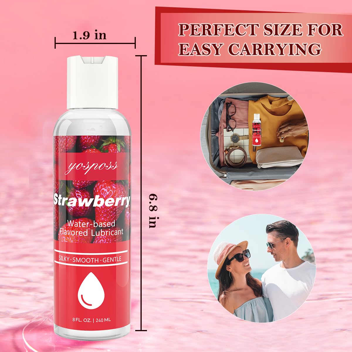 YOSPOSS Strawberry Flavored Water-Based Lubricant 8 Fl Oz, Silky Smooth Personal Lube for Women, Men and Couples, Sugar-Free, Non-Staining