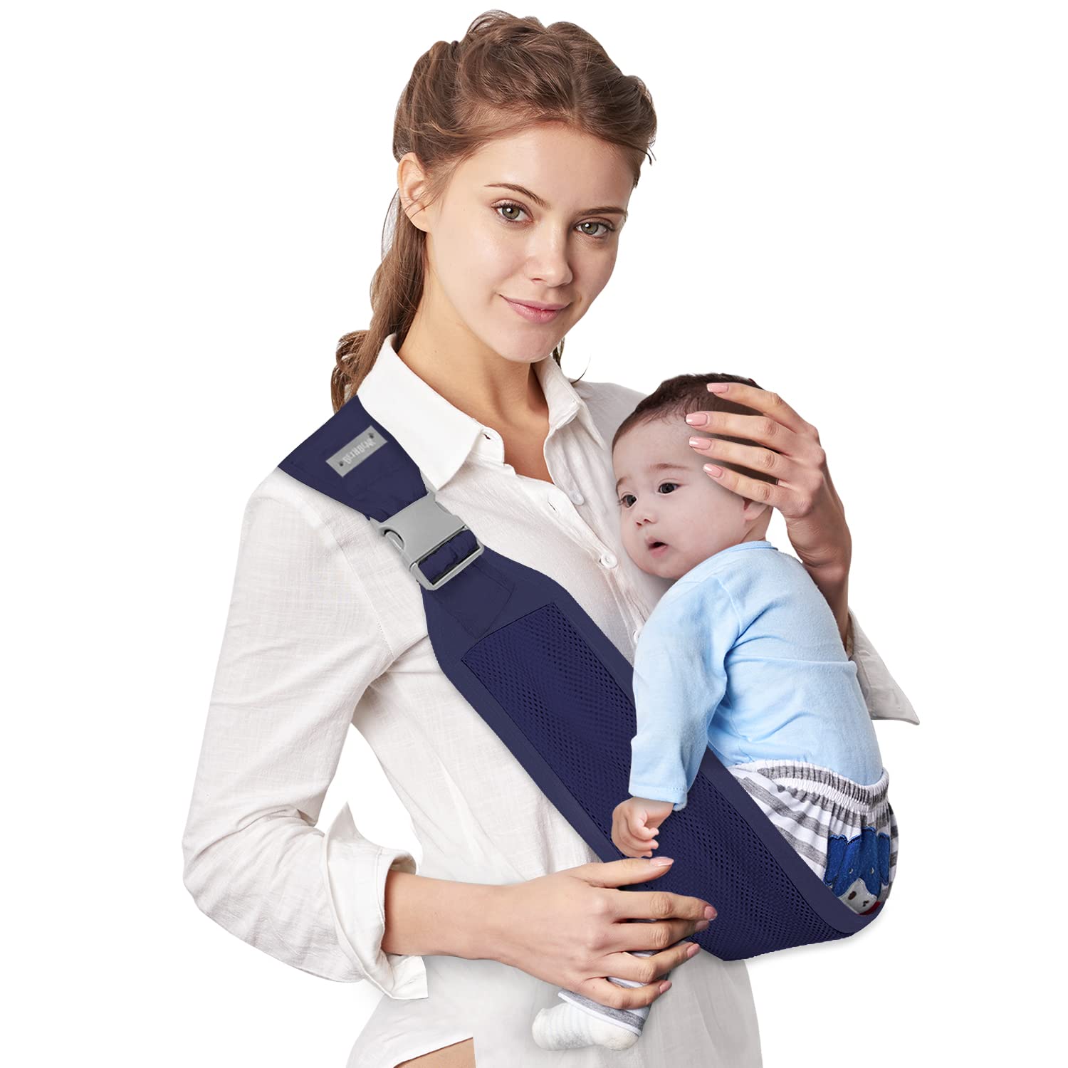 Baby Sling Carrier, Adjustable One Shoulder Labor-Saving Baby Holder Carrier, Baby Mesh Half Wrapped Sling Hip Carrier for Newborn to Toddler (Dark Blue)