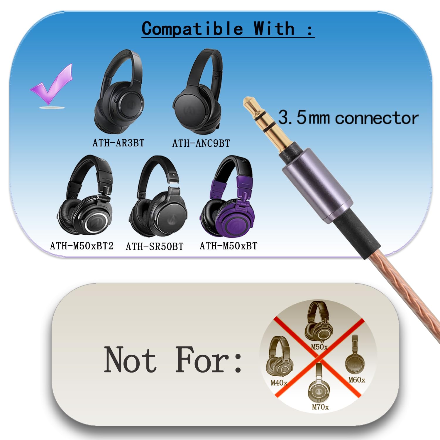 FAAEAL WH-1000XM5 Audio Upgrade Cable,Replacement for Sony MDR-XB950BT WH-1000XM4 XM3 MDR-H600A ATH-M50xBT SR50BT ANC9 Headphones 4.9ft(3.5mm Plug)