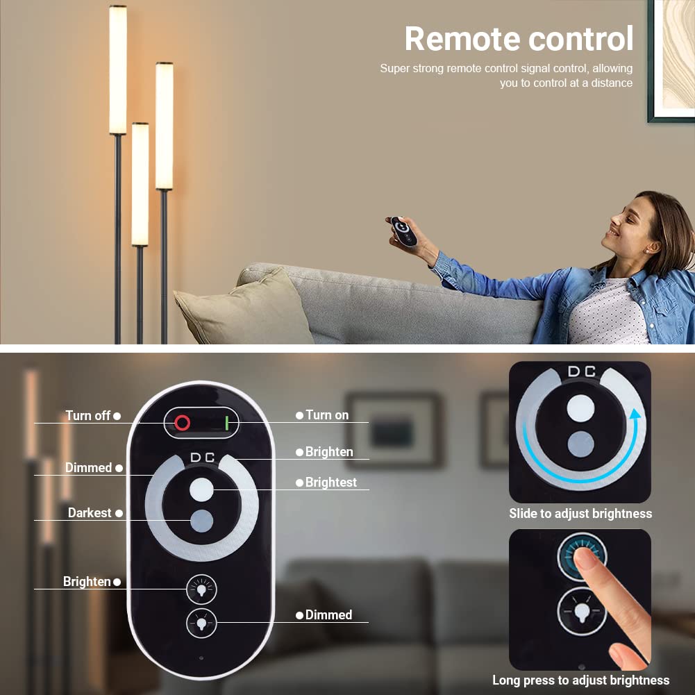 LED Floor Lamp, Modern Floor Lamp with Remote Control& Stepless Dimmable, 3-Light with Foot Switch, Brightness Adjustable Standing Lamp for Living Room, Bedroom, Study and Office.