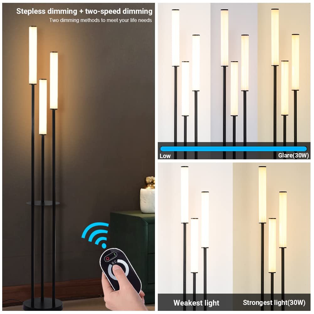 LED Floor Lamp, Modern Floor Lamp with Remote Control& Stepless Dimmable, 3-Light with Foot Switch, Brightness Adjustable Standing Lamp for Living Room, Bedroom, Study and Office.